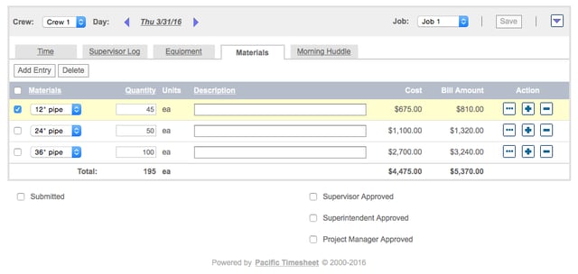 Materials Tracking Software | Pacific Timesheet